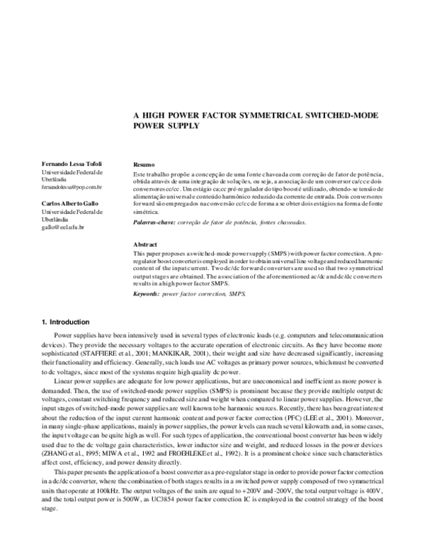 (PDF) A high power factor symmetrical switched-mode power supply