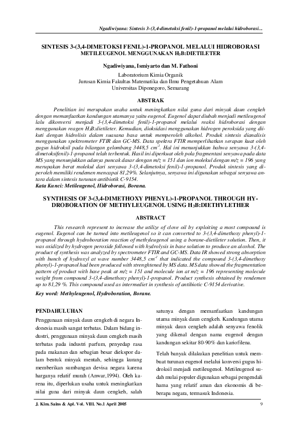 (PDF) Sintesis 3-(3,4-Dimetoksi Fenil)-1-Propanol Melalui Hidroborasi ...
