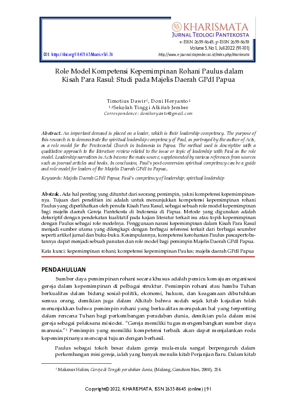 (PDF) Role Model Kompetensi Kepemimpinan Rohani Paulus dalam Kisah Para ...