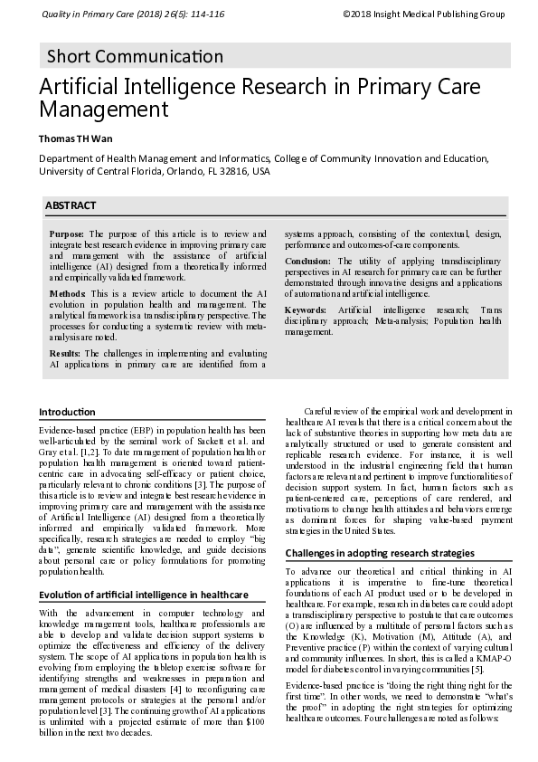(PDF) Artificial Intelligence Research in Primary Care Management