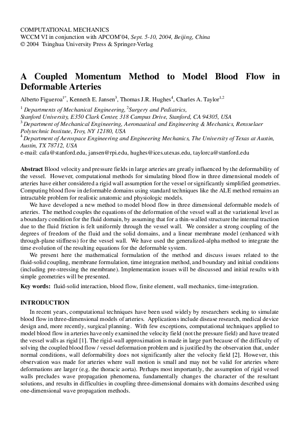(PDF) A coupled momentum method to model blood flow in deformable arteries