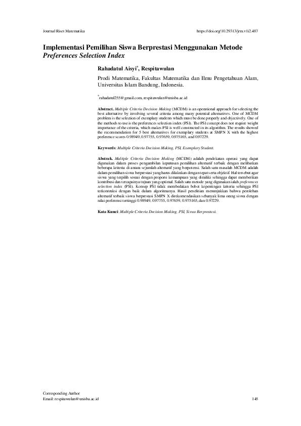 (PDF) Implementasi Pemilihan Siswa Berprestasi Menggunakan Metode Preferences Selection Index