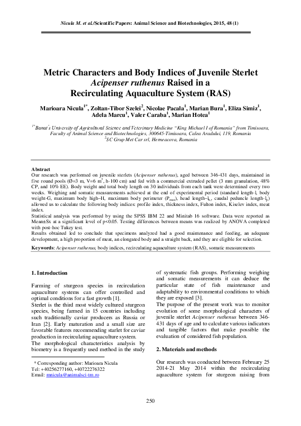 (PDF) Metric Characters and Body Indices of Juvenile Sterlet Acipenser ruthenus Raised in a ...