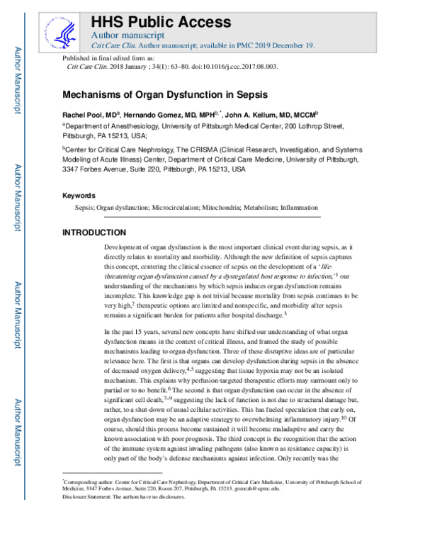 (PDF) Mechanisms of Organ Dysfunction in Sepsis