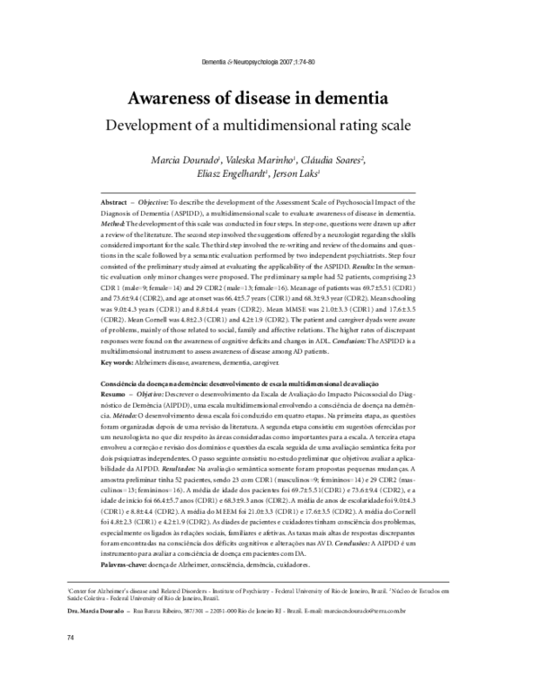 (PDF) Awareness of disease in dementia: Development of a ...