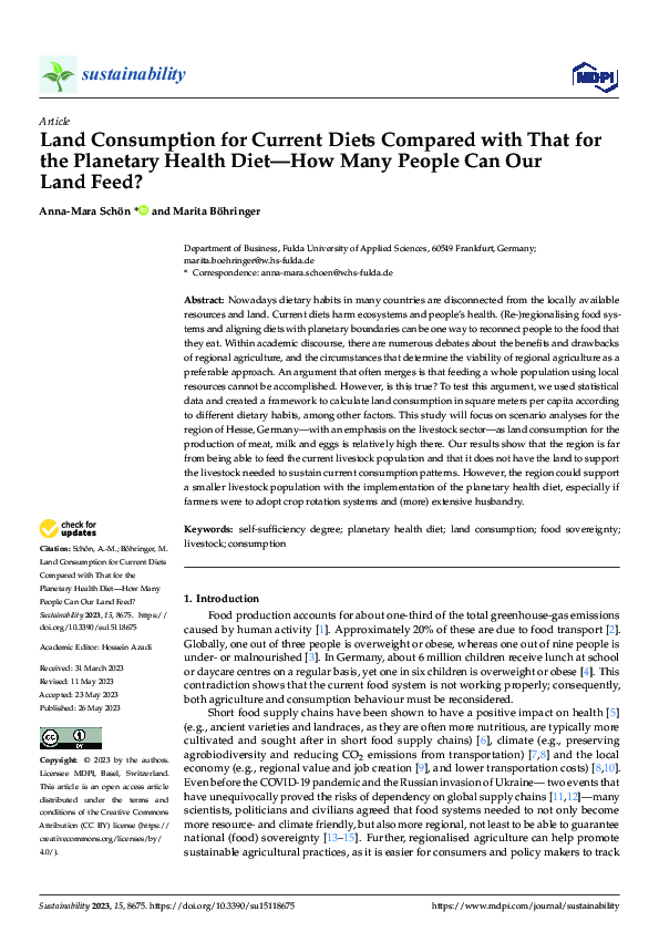 (PDF) Land Consumption for Current Diets Compared with That for the ...
