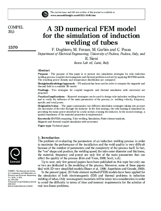(PDF) A 3D numerical FEM model for the simulation of induction welding of tubes