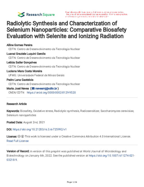 (PDF) Radiolytic synthesis and characterization of selenium nanoparticles: comparative biosafety ...