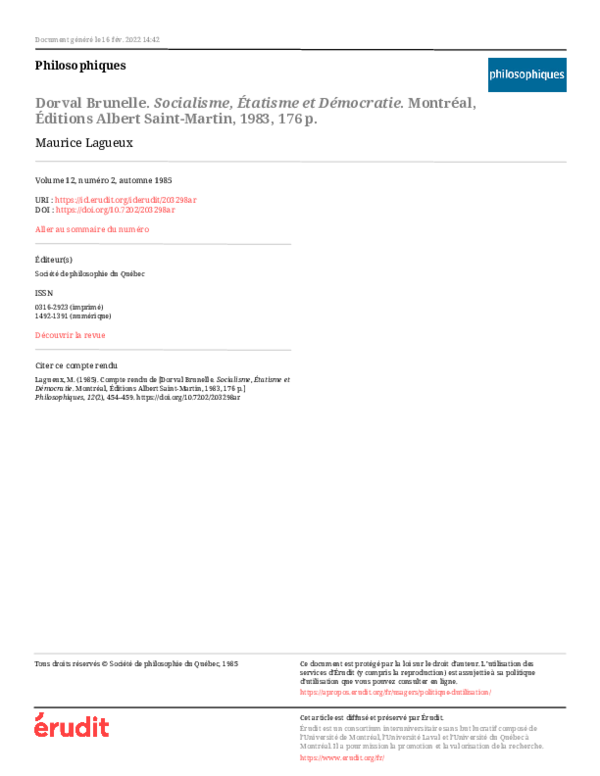 (PDF) Dorval Brunelle. Socialisme, Étatisme et Démocratie. Montréal ...