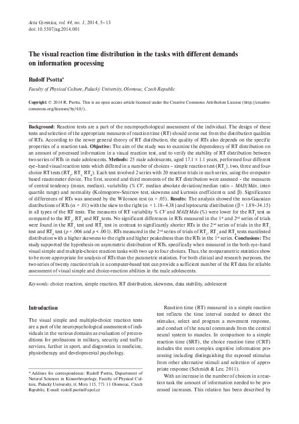 (PDF) The visual reaction time distribution in the tasks with different demands on information ...
