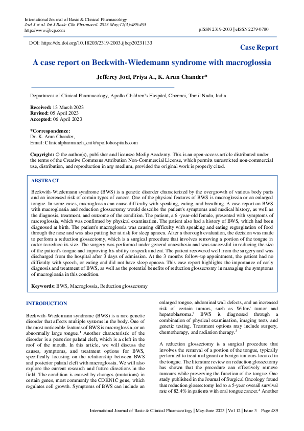 (PDF) Beckwith-Wiedemann Syndrome with Macroglossia