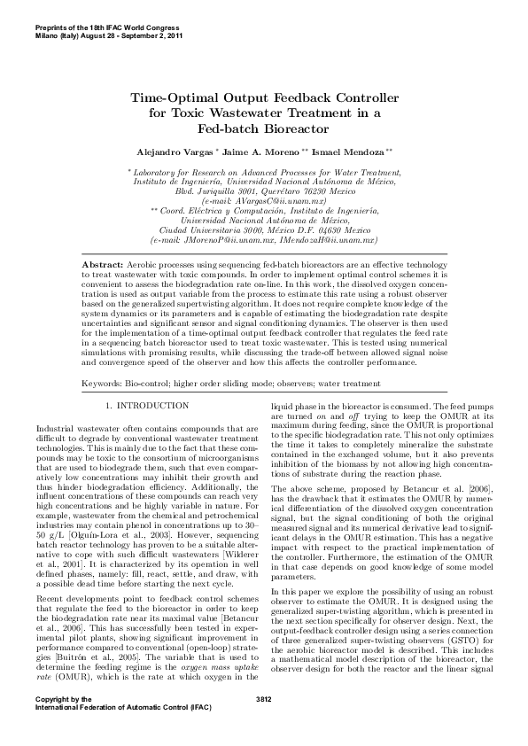 (PDF) Time-Optimal Output Feedback Controller for Toxic Wastewater Treatment in a Fed-batch ...