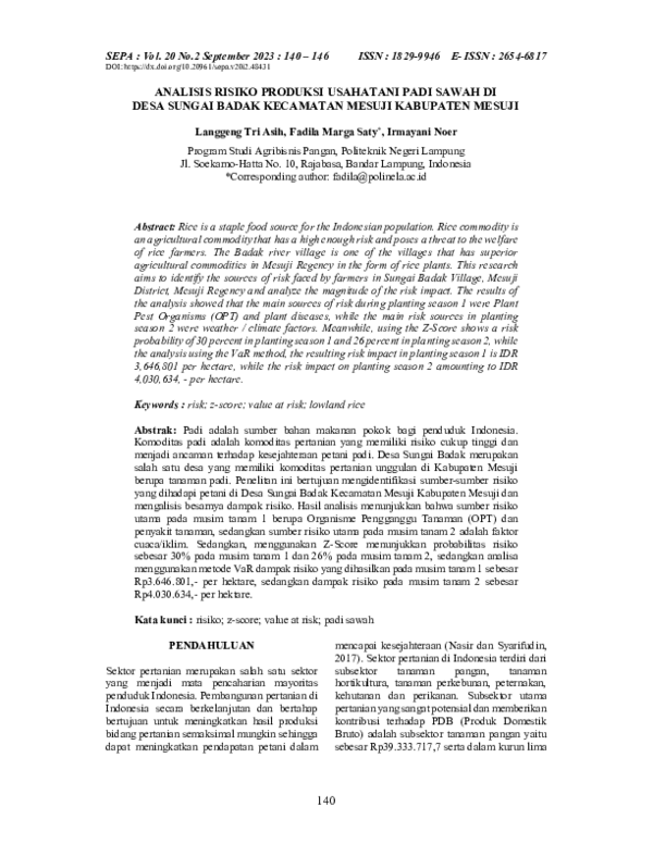 (PDF) Analisis Risiko Produksi Usahatani Padi Sawah DI Desa Sungai Badak Kecamatan Mesuji ...
