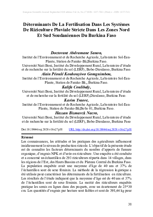 (PDF) Déterminants De La Fertilisation Dans Les Systèmes De Riziculture Pluviale Stricte Dans ...