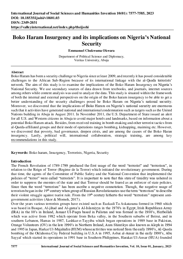 (PDF) Boko Haram Insurgency and its implications on Nigeria’s National Security