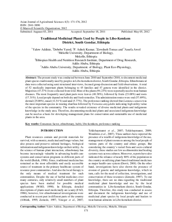 (PDF) Traditional Medicinal Plants Used by People in Libo-Kemkem District, South Gondar ...