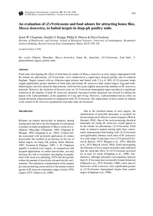 (PDF) An evaluation of (Z)‐9‐tricosene and food odours for attracting ...