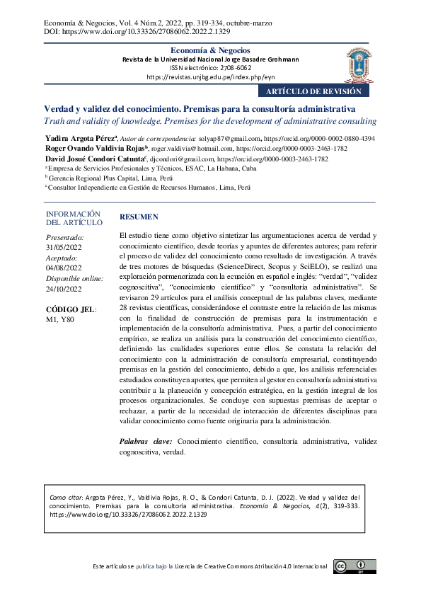 (PDF) Verdad y validez del conocimiento. Premisas para la consultoría administrativa