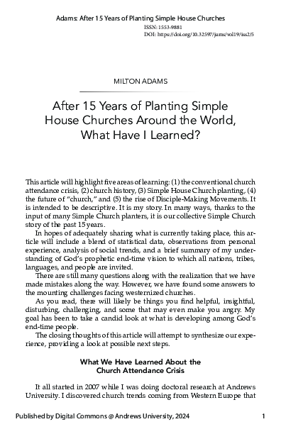 (PDF) After 15 Years of Planting Simple House Churches