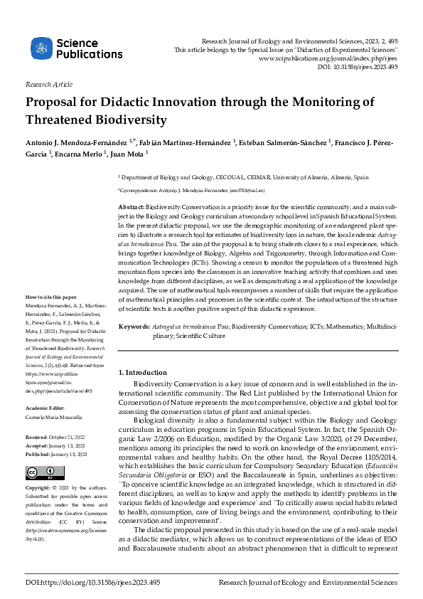 (PDF) Proposal for Didactic Innovation through the Monitoring of Threatened Biodiversity