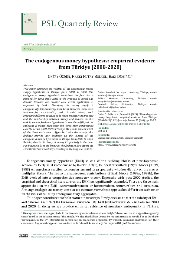 (PDF) The endogenous money hypothesis: empirical evidence from Türkiye ...