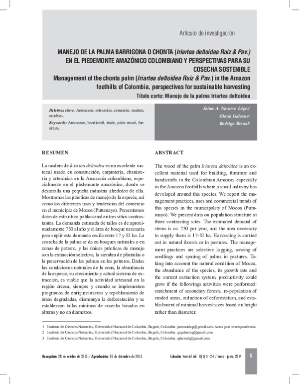 (PDF) MANEJO DE LA PALMA BARRIGONA O CHONTA (Iriartea deltoidea Ruiz ...