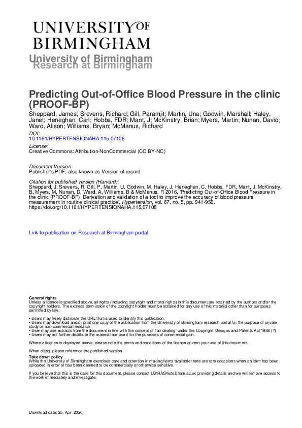 (PDF) Predicting Out-of-Office Blood Pressure in the Clinic (PROOF-BP)