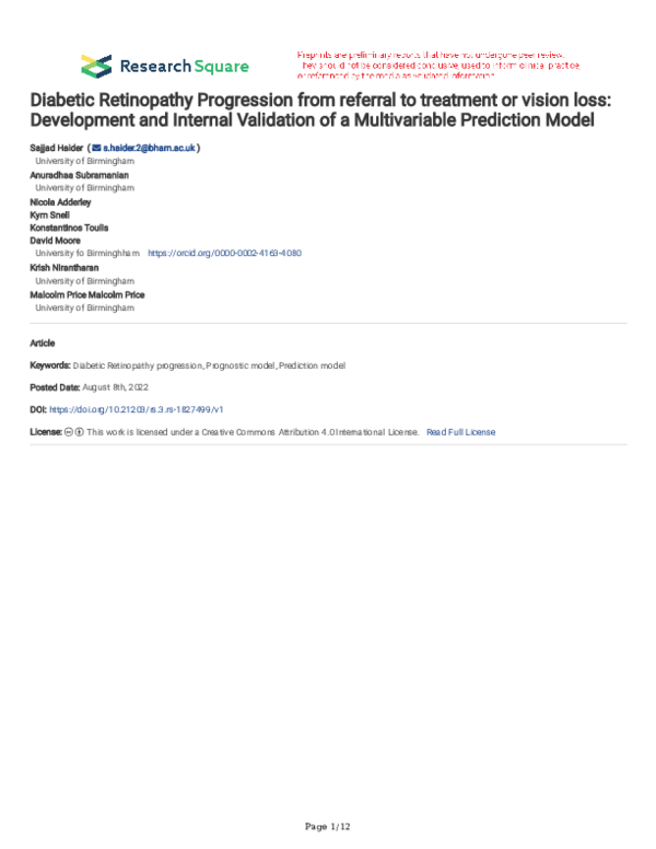 (PDF) Diabetic Retinopathy Progression from referral to treatment or vision loss: Development ...