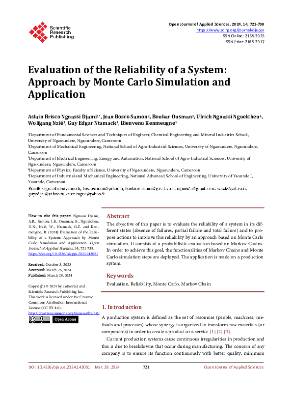 (PDF) Evaluation of the Reliability of a System: Approach by Monte Carlo Simulation and Application