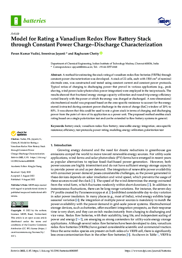 (PDF) Model for Rating a Vanadium Redox Flow Battery Stack through ...