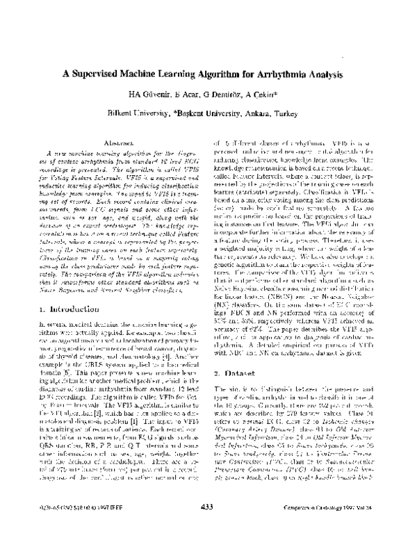 Pdf A Supervised Machine Learning Algorithm For Arrhythmia Analysis