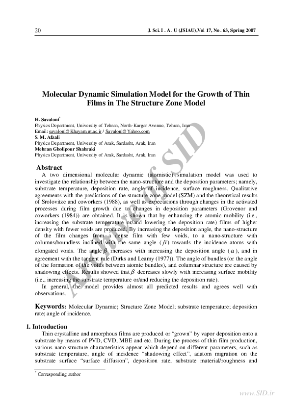 (PDF) Molecular Dynamic Simulation Model for the Growth of Thin Films ...