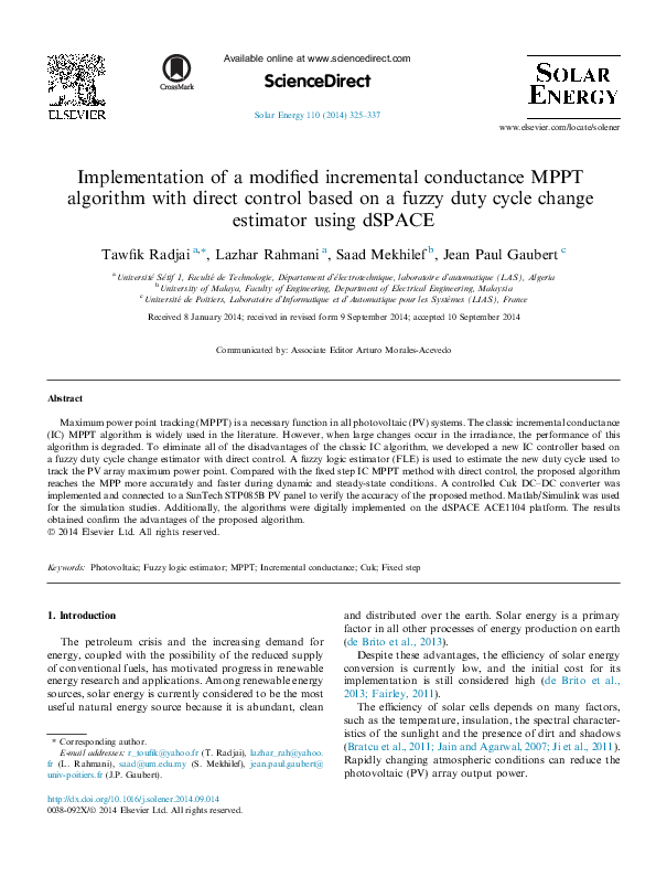 (PDF) Implementation of a modified incremental conductance MPPT algorithm with direct control ...