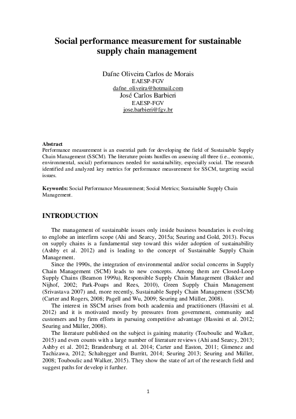 (PDF) Social performance measurement for sustainable supply chain ...