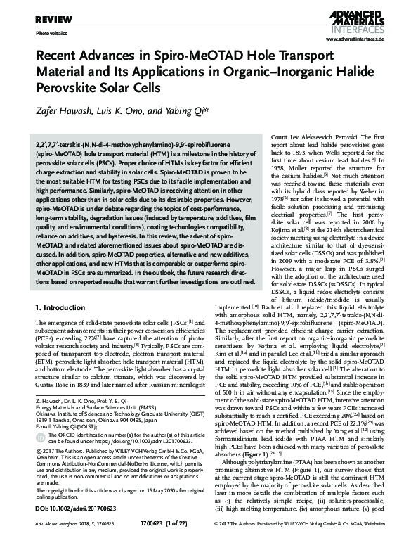 (PDF) Recent Advances in Spiro‐MeOTAD Hole Transport Material and Its ...