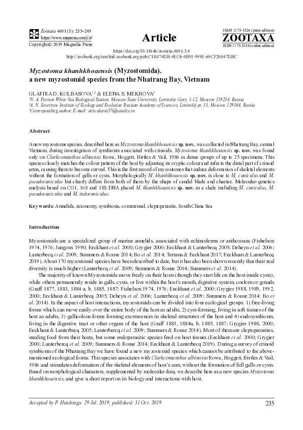 (PDF) Myzostoma khanhkhoaensis (Myzostomida), a new myzostomid species ...