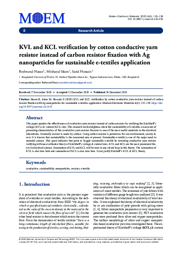 (PDF) KVL and KCL verification by cotton conductive yarn resistor instead of carbon resistor ...