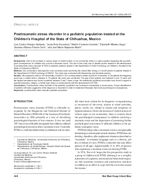 (PDF) Posttraumatic stress disorder in a pediatric population treated at the Children's Hospital ...