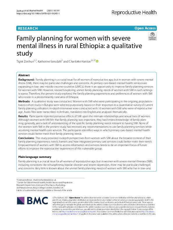 (PDF) Family planning for women with severe mental illness in rural Ethiopia: a qualitative ...