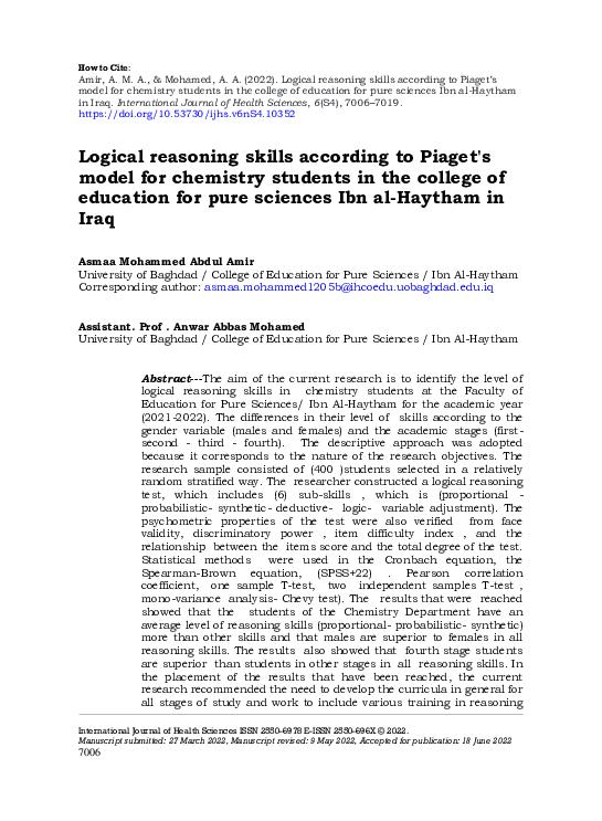 (PDF) Logical reasoning skills according to Piaget's model for chemistry students in the college ...