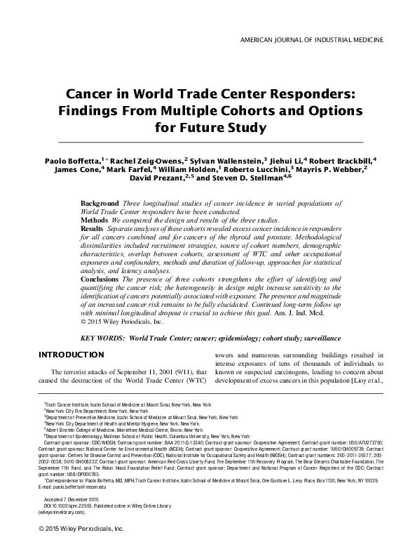 (PDF) Cancer in World Trade Center responders: Findings from multiple ...