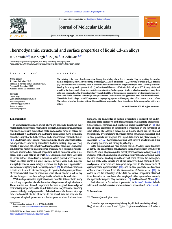 (PDF) Thermodynamic, structural and surface properties of liquid Cd–Zn ...