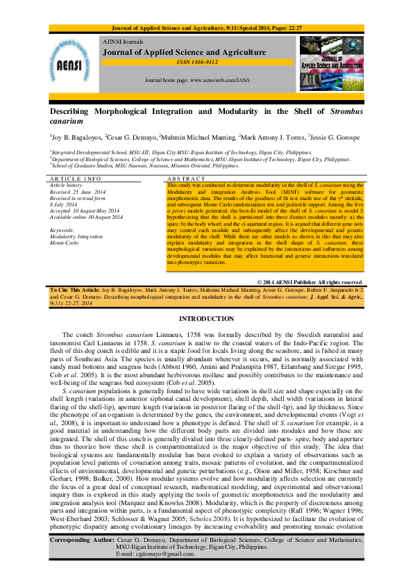 (PDF) Describing Morphological Integration and Modularity in the Shell ...