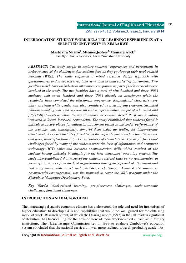 (PDF) Interrogating Student Work Related Learning Experiences at a Selected University in Zimbabwe