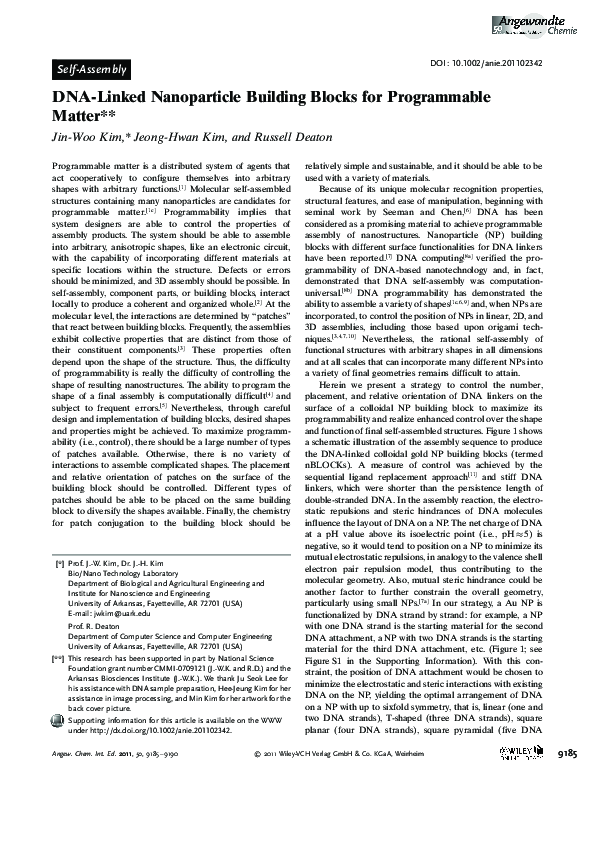 (PDF) DNA‐Linked Nanoparticle Building Blocks for Programmable Matter