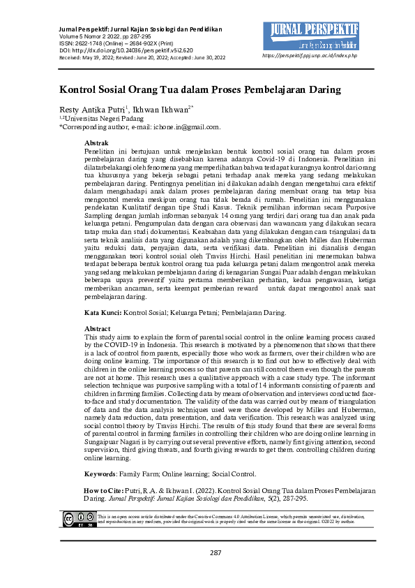 (PDF) Kontrol Sosial Orang Tua dalam Proses Pembelajaran Daring
