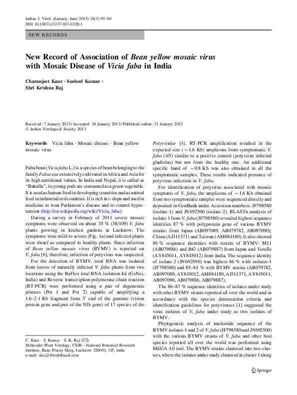 (PDF) New Record of Association of Bean yellow mosaic virus with Mosaic ...