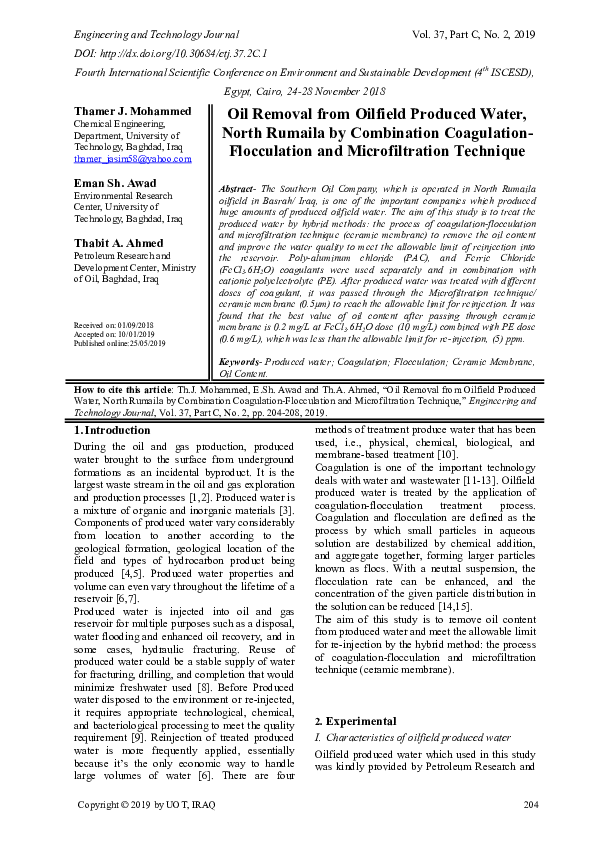 (PDF) Oil Removal from Oilfield Produced Water, North Rumaila by ...