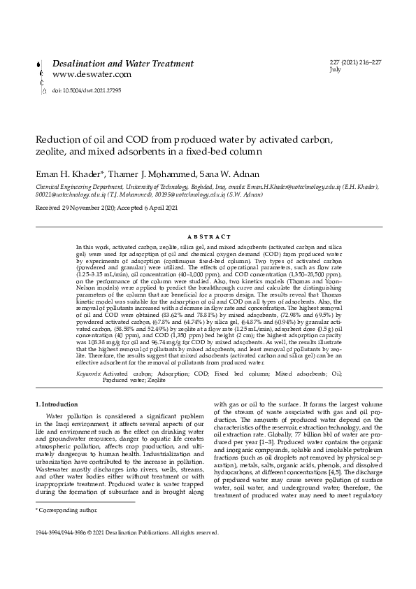 (PDF) Reduction of oil and COD from produced water by activated carbon, zeolite, and mixed ...