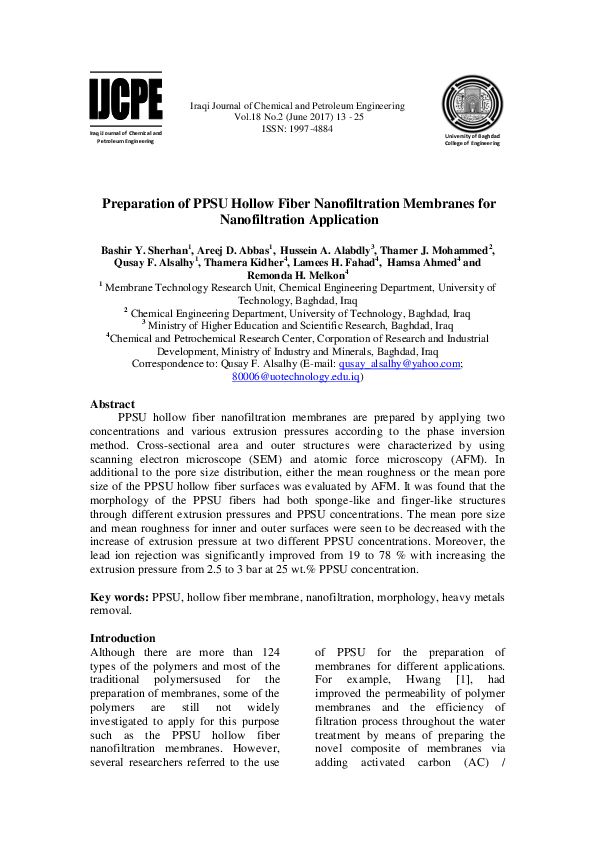 (PDF) Preparation of PPSU Hollow Fiber Nanofiltration Membranes for Nanofiltration Application